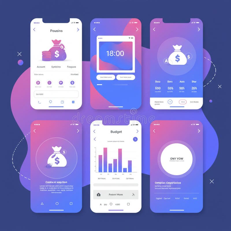 Mobile App User Interface Design Showcasing Six Screens on a Dark Blue ...