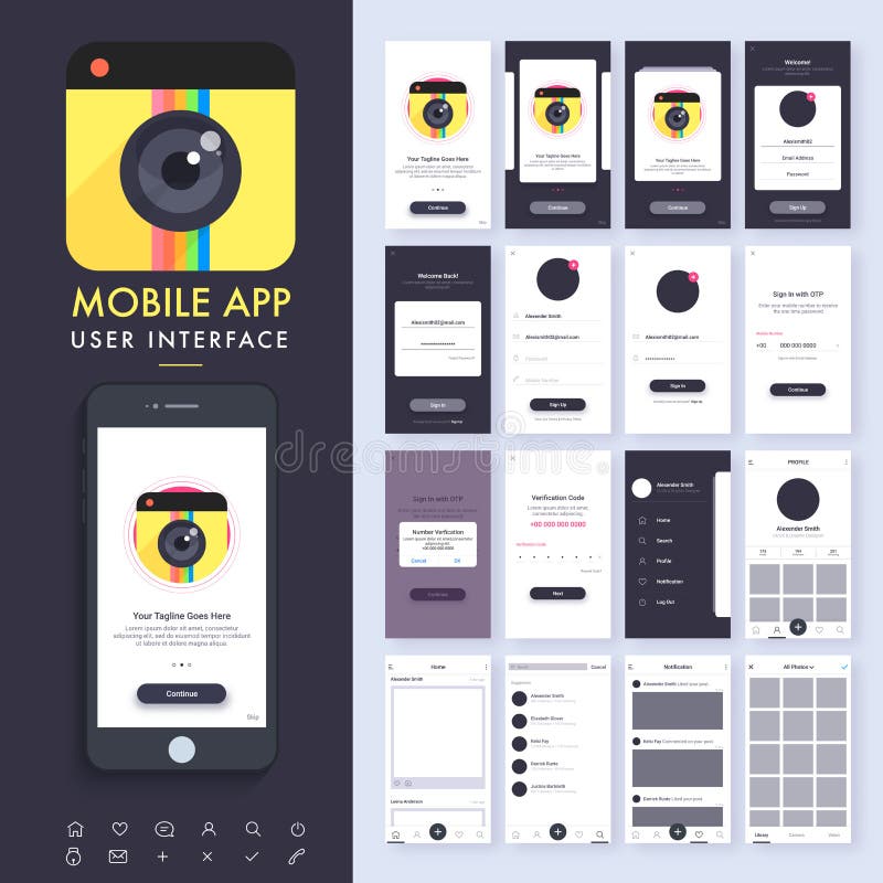 Mobile App User Interface with Web Symbols. Stock Illustration ...
