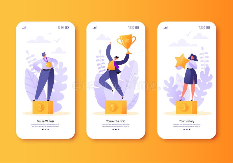 Mobile App Page, Screen Set. Men and Women Celebrating Victory Stock ...