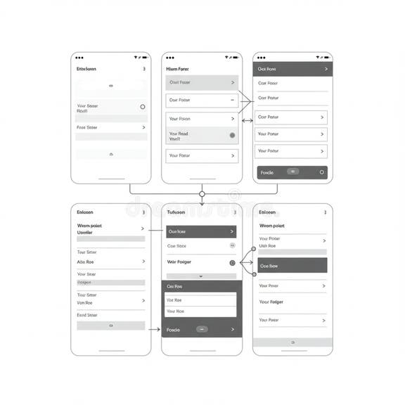 Mobile App Wireframe Featuring Six Connected Screens in a Flowchart ...
