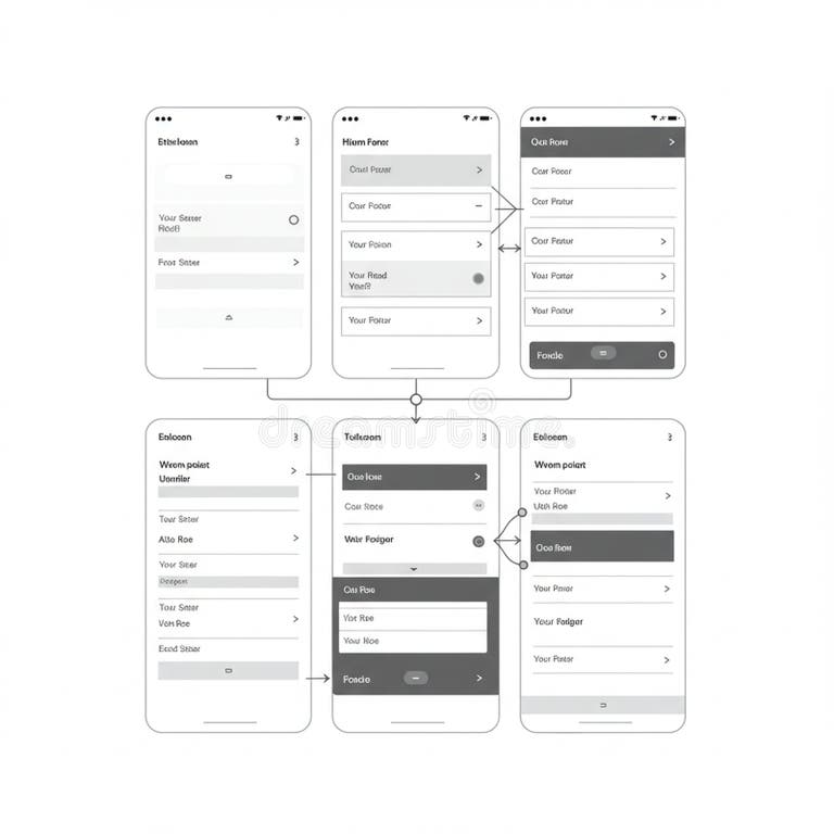 Mobile App Wireframe Featuring Six Connected Screens in a Flowchart ...