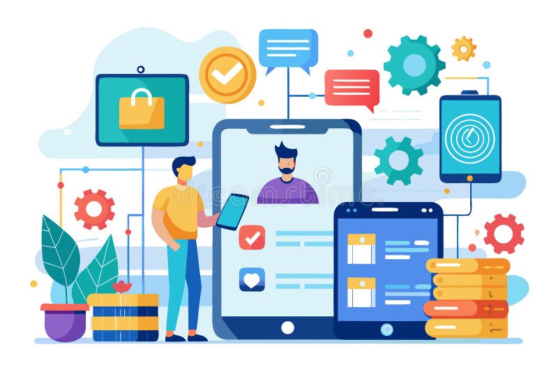 Mobile Application Development Process Illustrated with Vector Graphics Showing Design, Features ...