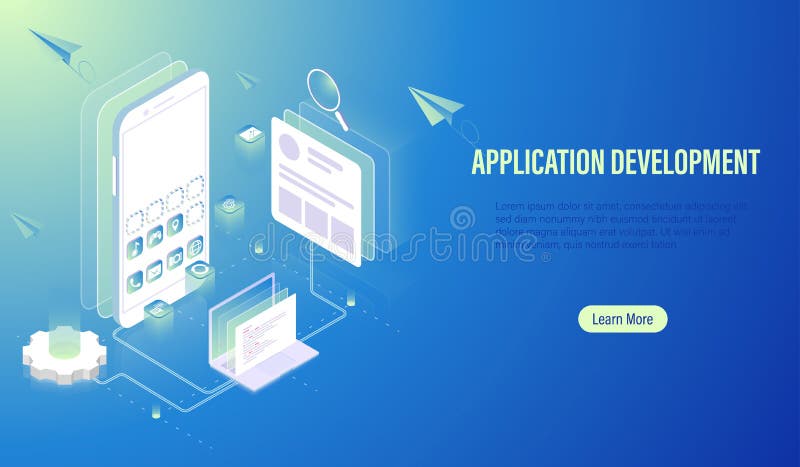 Mobile Application, Software and Web Development with 3d Shapes, Bar Chart, Infographic on Pink ...