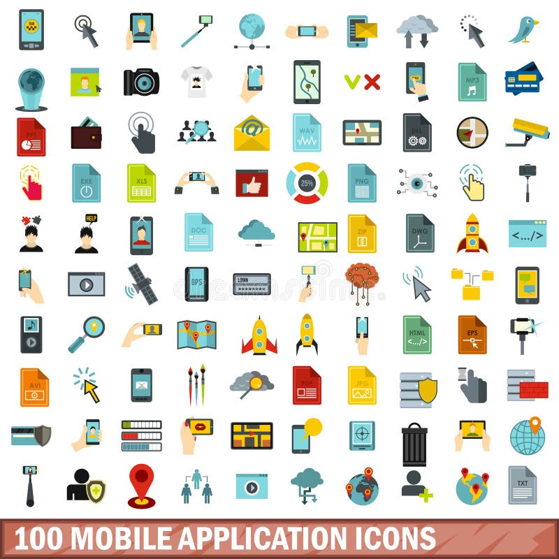100 Mobile Application Icons Set, Flat Style Stock Vector ...