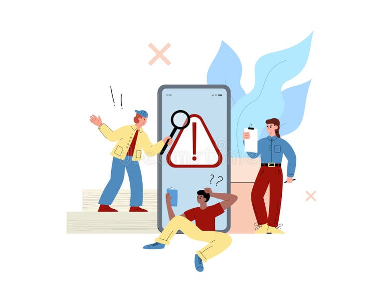 Mobile Application OS Error with People Near Phone Screen, Flat Vector ...