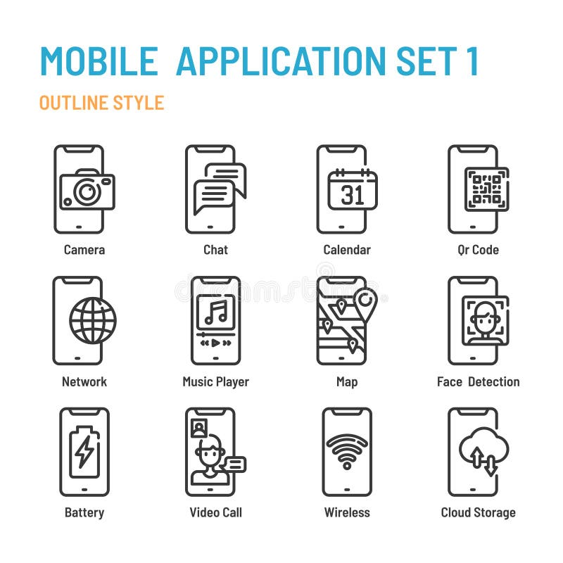 Mobile Application in Outline Icon and Symbol Set Stock Vector ...