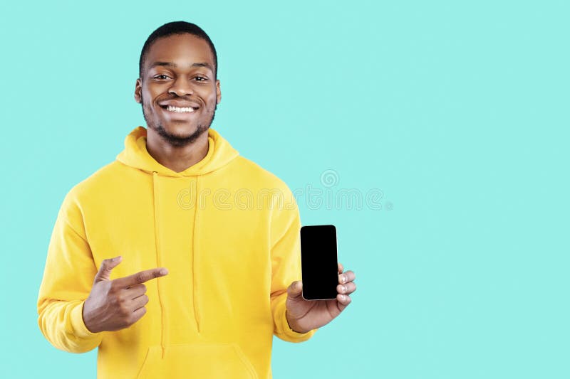 African Guy Showing Phone with Empty Screen on Blue Background Stock ...