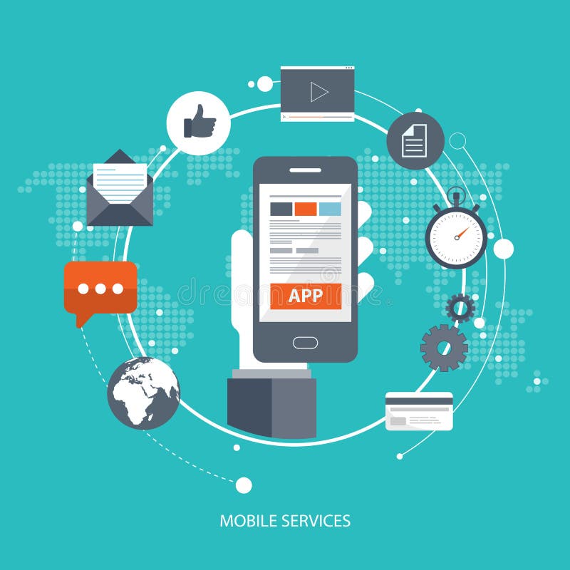 Mobile Applications Concept. Hand with Mobile Phone. Flat Vector ...