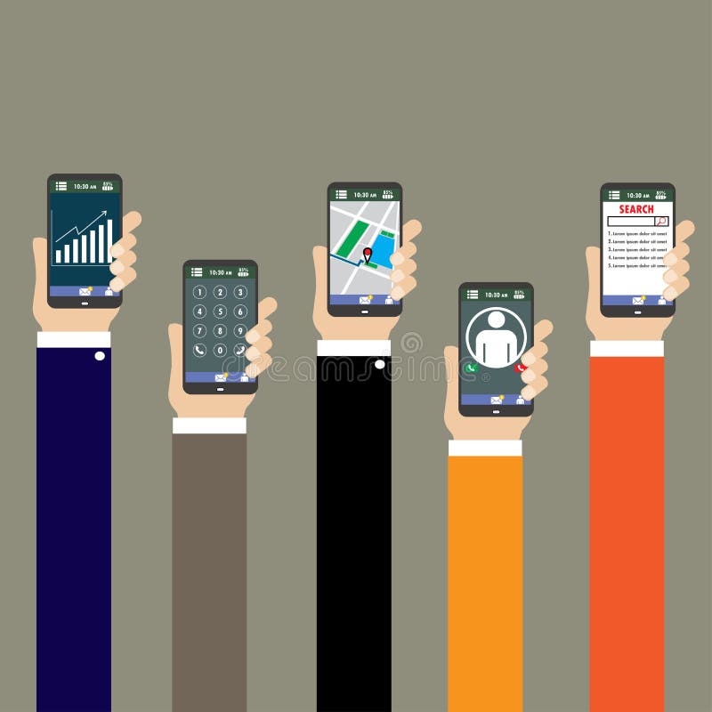 Mobile Applications Concept. Hand with Phones, Flat Stock Vector ...