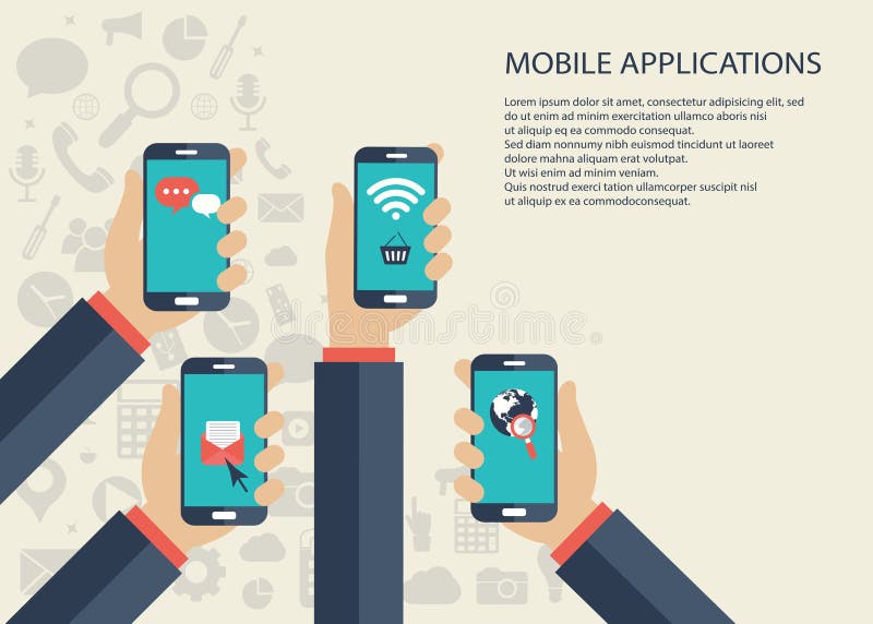 Mobile Applications Concept. Hands with Phones. Flat Vector ...