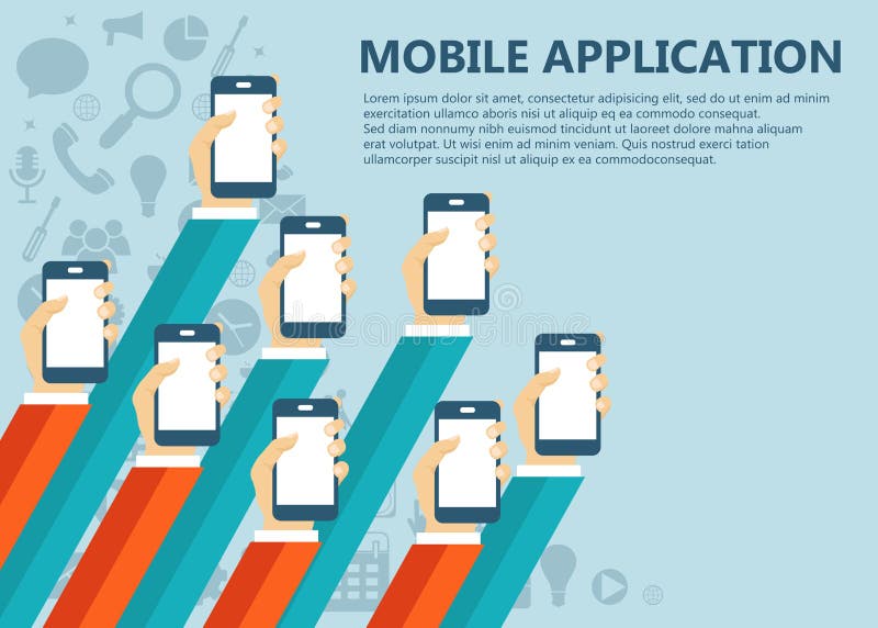 Mobile Applications Concept. Hands with Phones. Flat Illustration ...