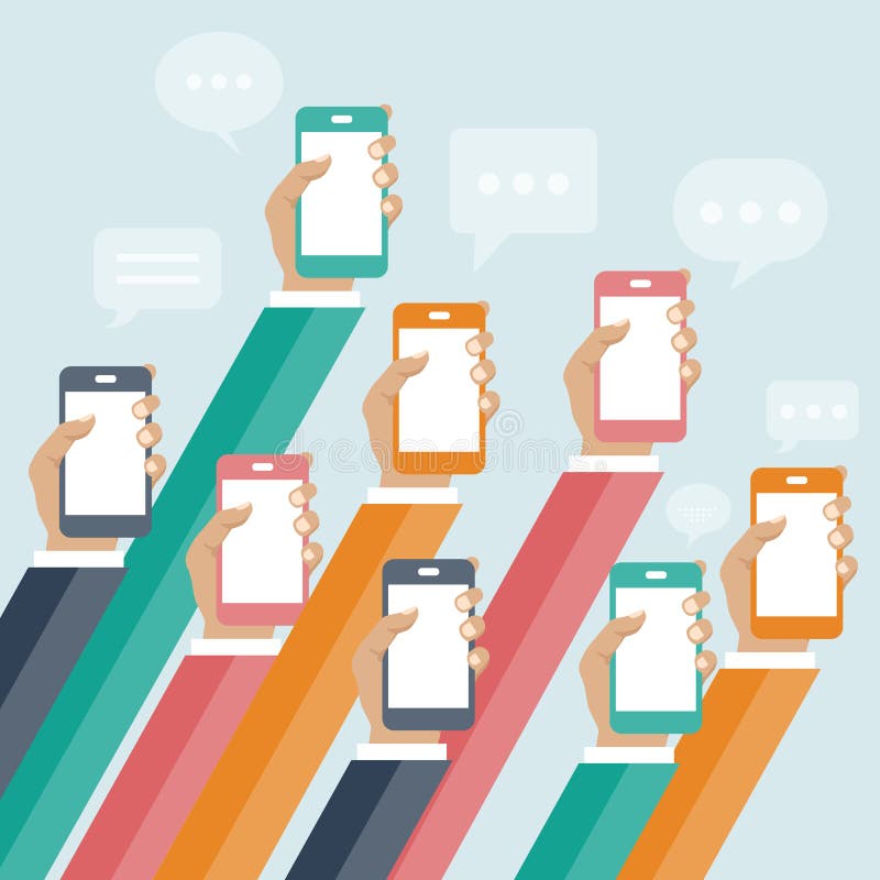 Mobile Applications Concept. Hands with Phones. Flat Illustration ...