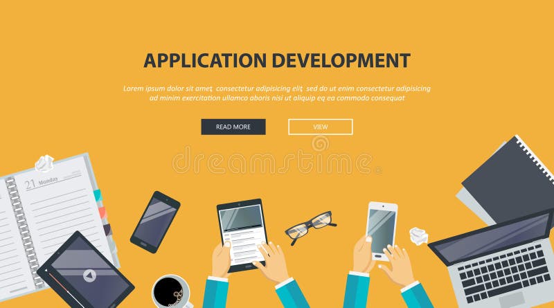 Mobile Applications Concept. Office Desk with Equipment Stock Vector ...