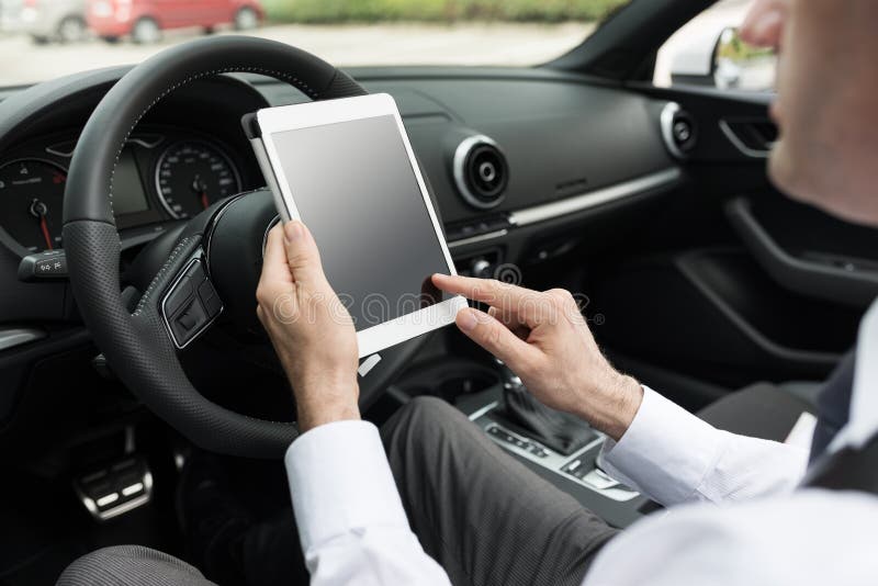 Close Up of Man with Gps on Tablet Pc Driving Car Stock Image - Image ...