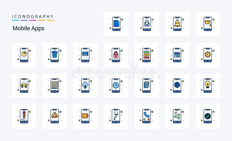 25 Mobile Apps Line Filled Style Icon Pack Stock Vector - Illustration ...