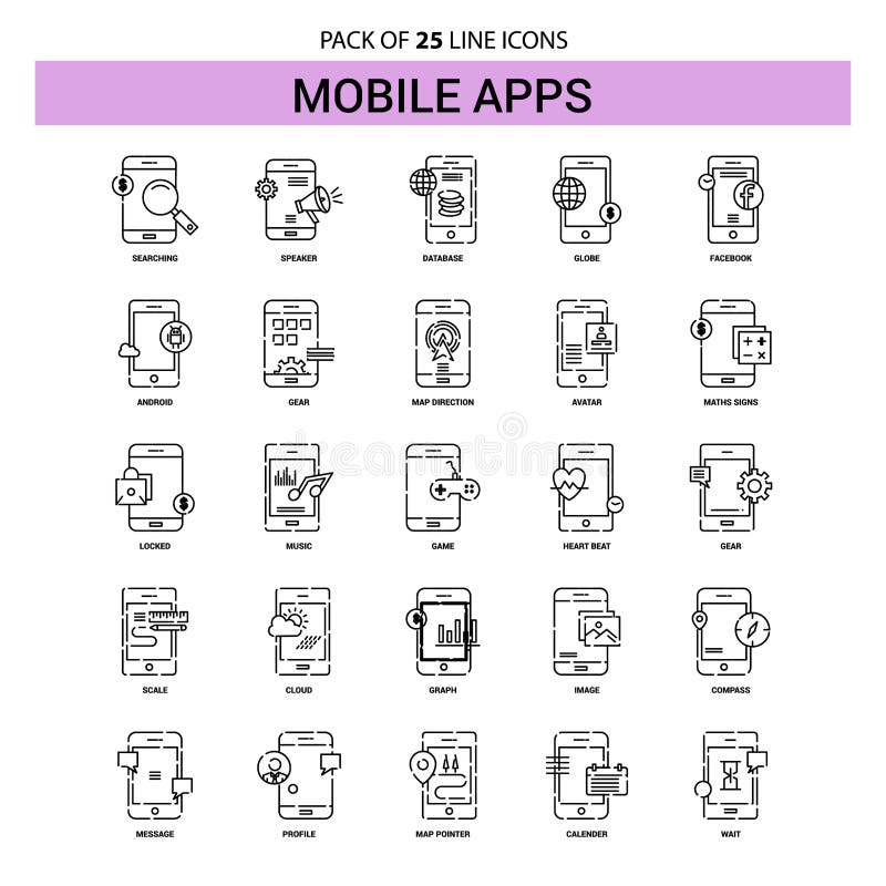 Mobile Apps Line Icon Set - 25 Dashed Outline Style Stock Vector ...