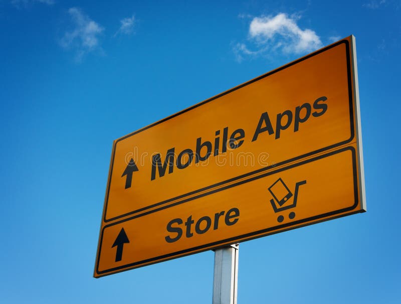 Mobile Apps Road Sign with Cart and Smartphone. Stock Photo - Image of ...