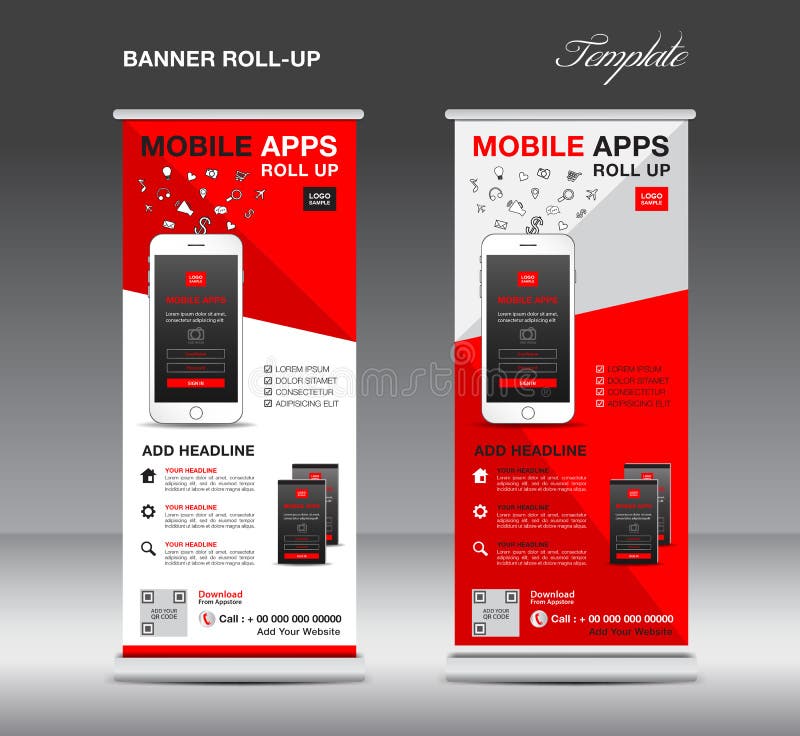 MOBILE APPS Roll Up Banner Template, Stand Layout, Red Banner Stock ...