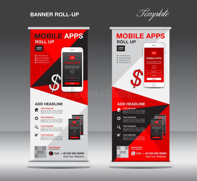 MOBILE APPS Roll Up Banner Template, Stand Layout, Red Banner Stock ...