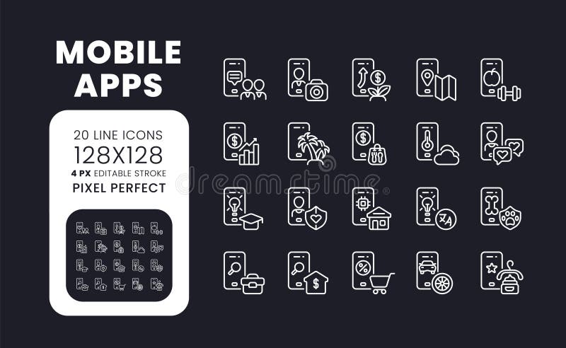 Mobile Apps White Linear Desktop Icons on Black Stock Vector ...