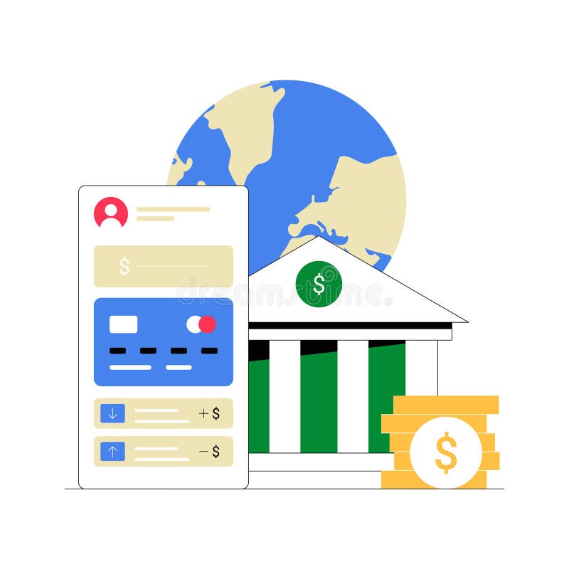 Mobile Banking App with Bank Building and Globe in Flat Vector ...
