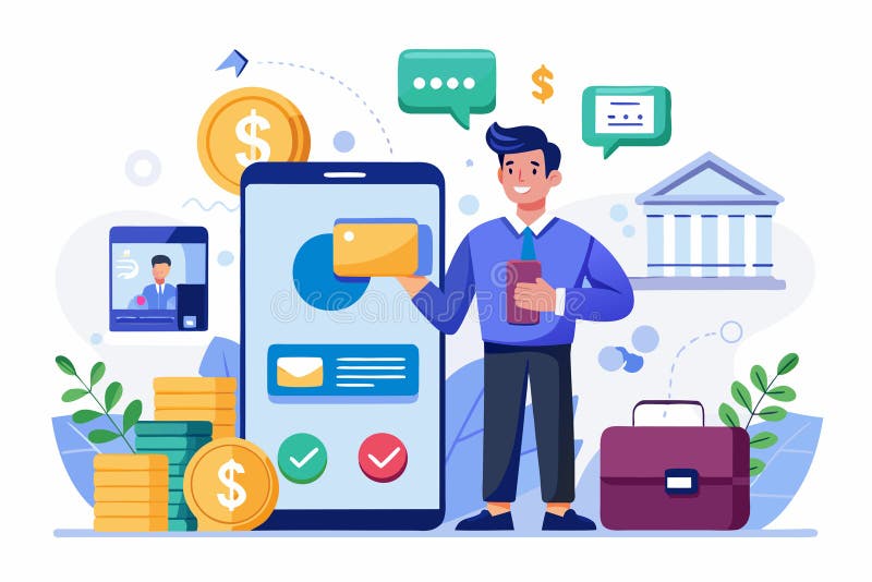 Mobile Banking App Illustration with User Interacting with Digital Banking Features and ...