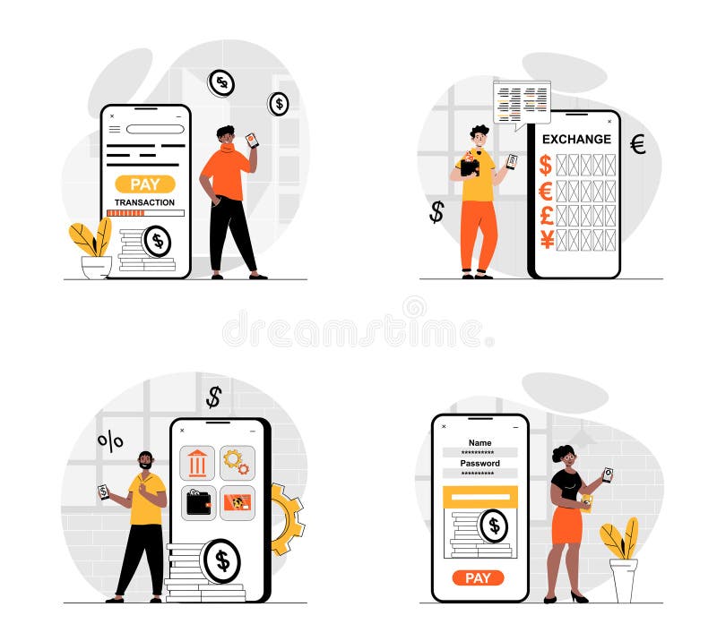 Mobile Banking Concept with Character Set. Vector Illustrations Stock ...