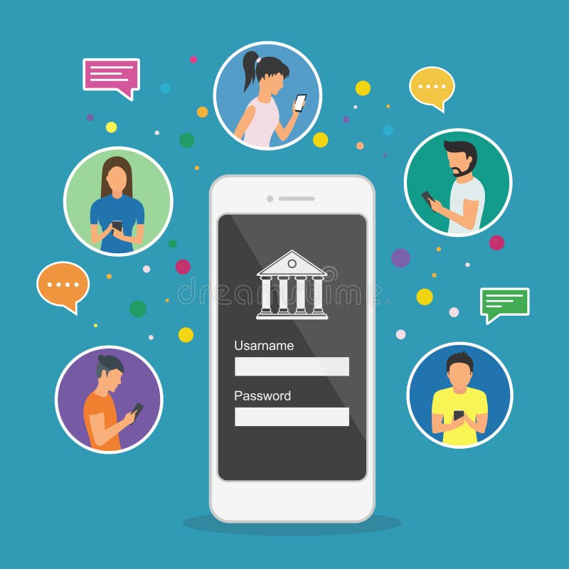 Mobile Banking Concept Illustration of People Using Laptop and Mobile ...