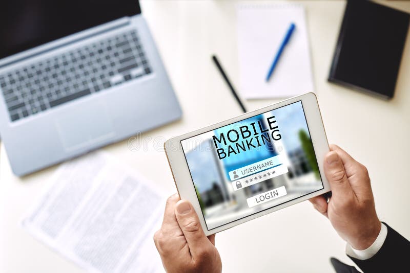 Mobile Banking Concept. Man Uses Bank Mobile Application Using Tablet ...
