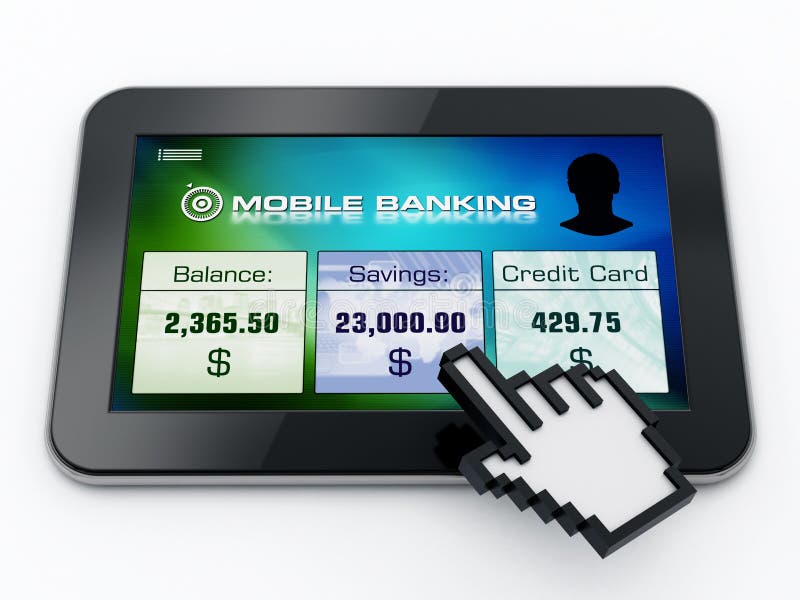 Mobile Banking Interface Screen on Tablet Computer and Hand Cursor. 3D ...