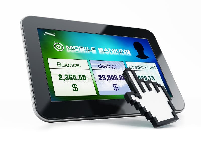 Mobile Banking Interface Screen on Tablet Computer and Hand Cursor. 3D ...
