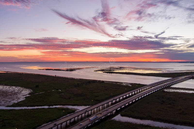 The Mobile Bay Causeway at Sunset on the Alabama Gulf Coast in October ...