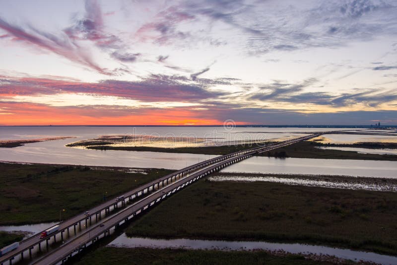 The Mobile Bay Causeway at Sunset on the Alabama Gulf Coast in October ...