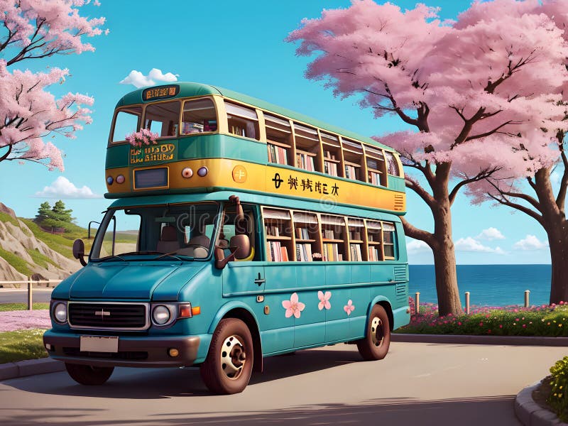Mobile Book Library Bus, Generative AI Illustration Stock Illustration ...