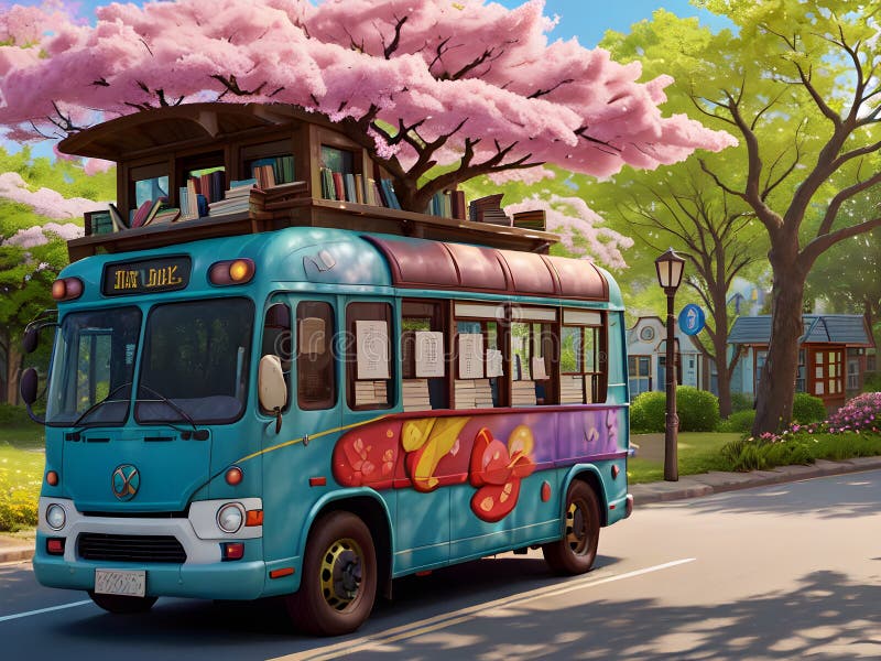 Mobile Book Library Bus, Generative AI Illustration Stock Illustration ...