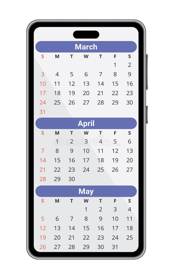 Mobile Calendar for 2024 with Spring Months: March, April, May. Vector ...