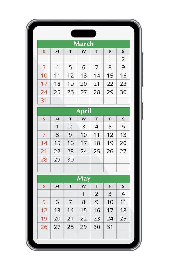 Mobile Calendar for 2024 Year with Spring Months: March, April, May ...