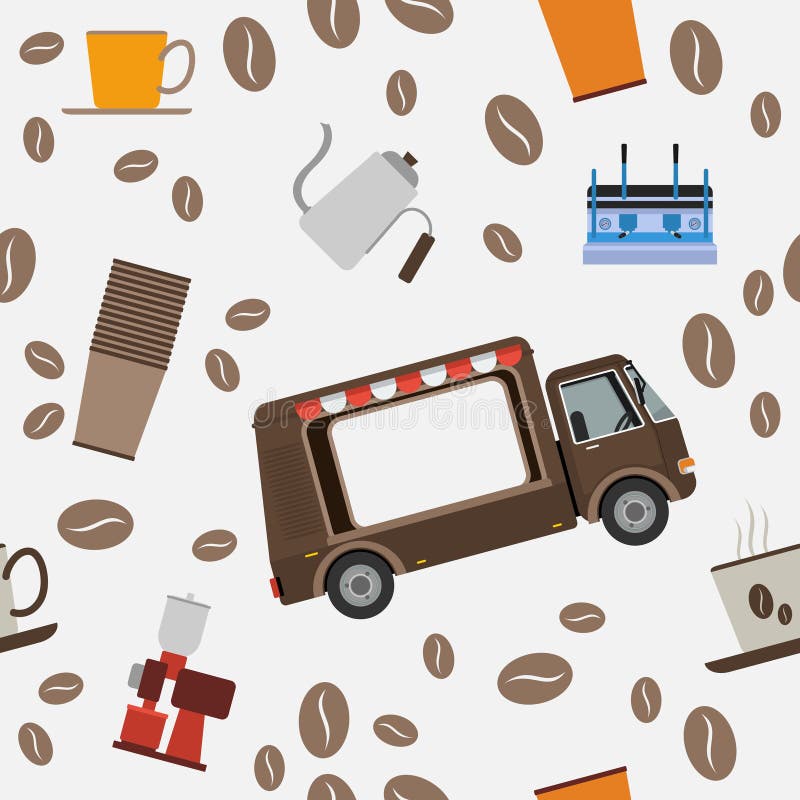 Flat Mobile Coffee Van Shop Vector Illustration Seamless Pattern Stock ...