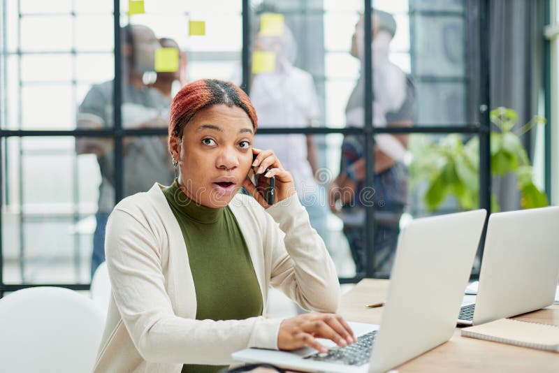 Mobile Communication Concept. Portrait Black Female Talking on ...