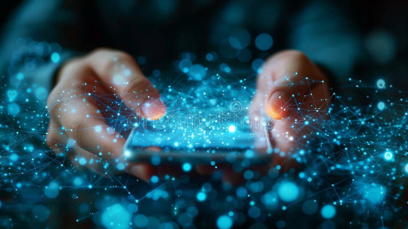 Mobile Communication: Hands, Phone, Holographic Contact Symbols Stock ...