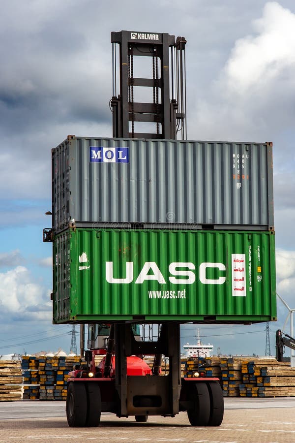 Truck with UASC container editorial stock image. Image of intermodal ...