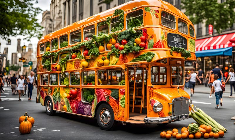 Mobile Cornucopia: Retro Double-Decker Bus Laden with Fresh Fruits ...