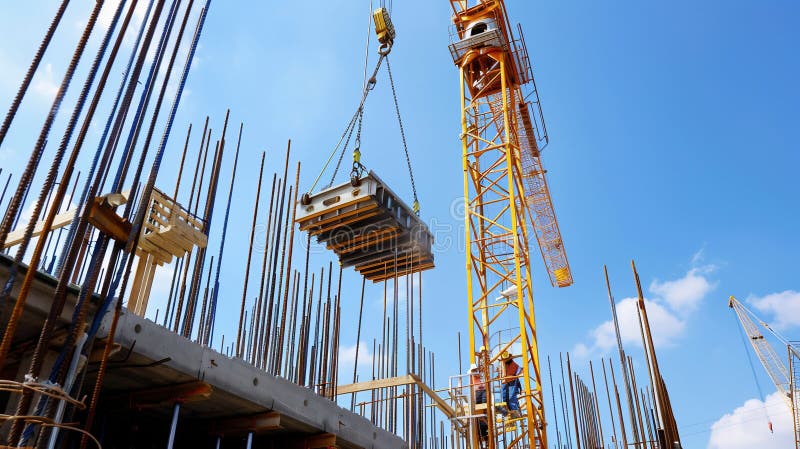 Construction Cranes Lifting Heavy Load on Construction Site Stock Image ...