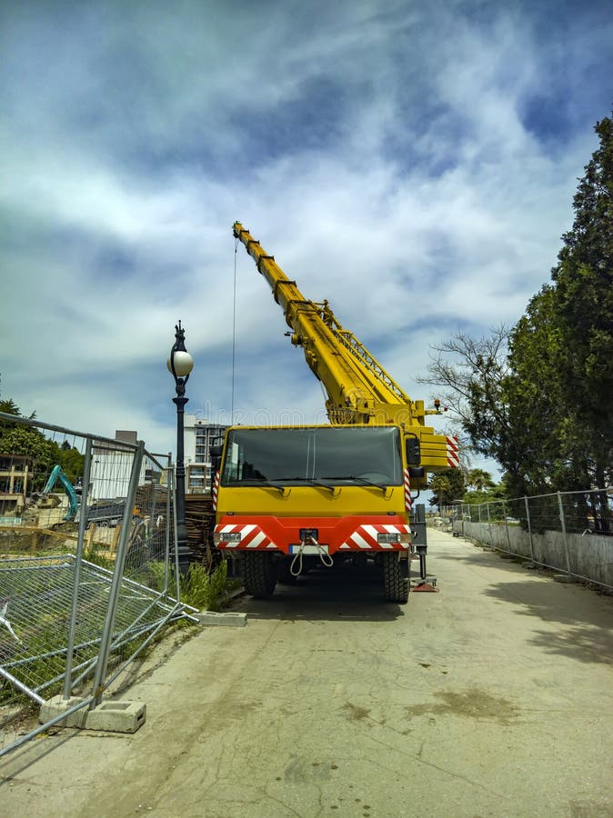 Mobile Crane at Construction Site Heavy Truck Big Stock Image - Image ...