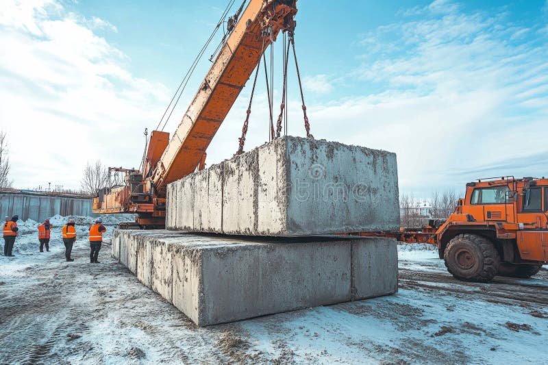 Mobile Crane Lifting Large Concrete Blocks at Construction Site during ...