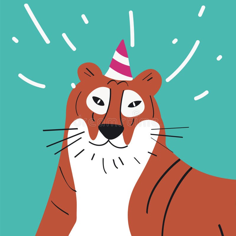 Cute Cartoon Tiger Wearing a Party Hat Vector Graphics Stock Vector ...