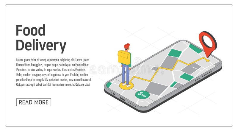 Mobile Delivery App. Courier with Bag. Map with Destination Point 1-2 ...
