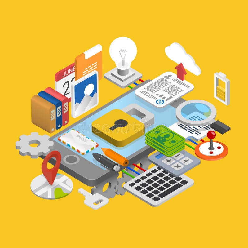 Mobile App Development Concept, Cloud Media Icons Around Tablet Stock ...