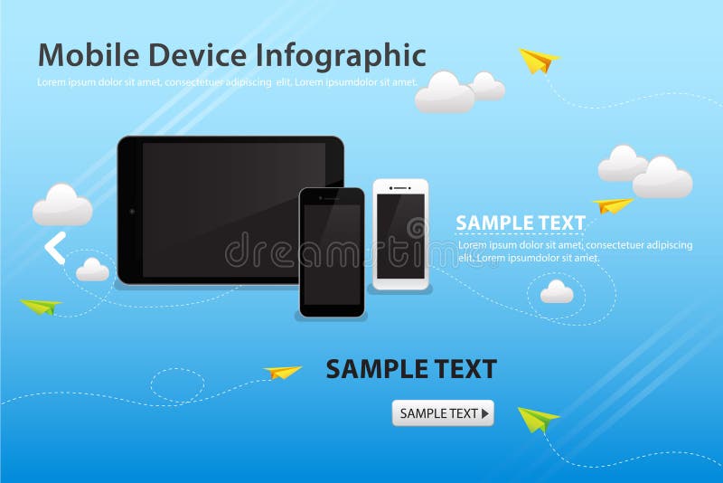 Mobile and Device on Blue Sky Color Background with Paper Plane Stock ...