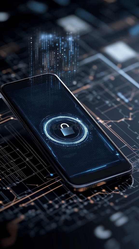 Mobile Device Displaying Security Lock Symbol on an Abstract Digital ...